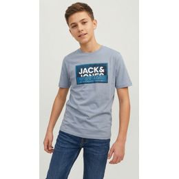 Jack & Jones T-Shirt JACK & JONES JUNIOR "JCOLOGAN SS24/25 TEE SS CREW NECK JNR", Jungen, Gr. 152, subdued blau, Single Jersey, Obermaterial: 100% Baumwolle, bedruckt, regular fit normal, Rundhals, Shirts T-Shirt