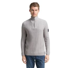 Troyer Tom Tailor, Herren, Gr. M, grau sanftes wei&szlig; plated, Strick, Obermaterial: 60% Baumwolle, 40% Polyacryl, Strukturmuster, regular fit normal, ohne Ausschnitt, Rippb&uuml;ndchen, Pullover Troyer, mit Rippb&uuml;ndchen