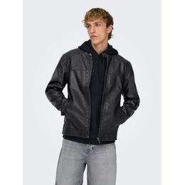 Only & Sons ONLY & SONS Herren Bikerjacke "MIKE PU RACER JACKET", schwarz, Gr. XL, unifarben, Web, Obermaterial: 85% Polyester, 10% Viskose, 5% Baumwolle.