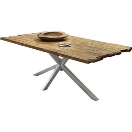 Esstisch Sit, beige (natur, antiksilber, antiksilber, natur), B:220cm H:79cm T:100cm, Platte recyceltes Teak, Gestell Metall, Tische, Esstisch, Platte aus recyceltem Teak
