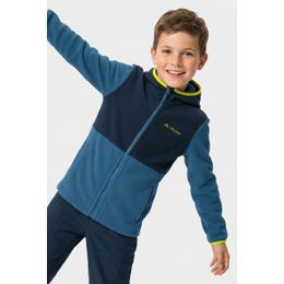 Kapuzenfleecejacke Vaude "KIDS PULEX HOODED JACKET II", Kinder, Gr. 104, blau (ultramarine), Fleece, Obermaterial: 100% Polyester, unifarben mit Farbeinsatz, normal, hoch geschlossener Ausschnitt, eingesetzt elastischer Bund, Jacken Kapuzenfleecejacke, mit Kapuze, atmungsaktives Material, mit Eingrifftaschen