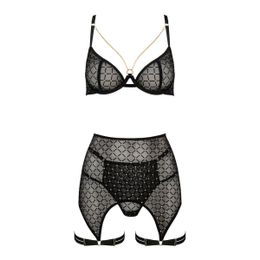 Raffiniertes 3-teiliges Dessous-Set mit edlem T&uuml;ll und goldenen Stickereien