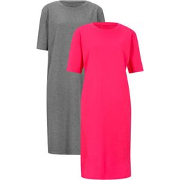 Shirtkleid bonprix "Oversize-T-Shirtkleid aus reiner Baumwolle (2er Pack)", Damen, Gr. 36/38 (S), N-Gr, rosa (hibiskuspink, grau meliert), Jersey, Obermaterial: 70% Baumwolle, 30% Viskose, meliert, oversize kniefrei, Rundhals, gerader Abschluss, Kleider Shirtkleid, f&uuml;r Alltag, mit Rundhalsausschnitt, Kurzarm, Oversize Passform