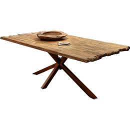 Esstisch Sit, beige (natur, antikbraun, antikbraun, natur), B:160cm H:79cm T:90cm, Platte recyceltes Teak, Gestell Metall, Tische, Esstisch, Platte aus recyceltem Teak