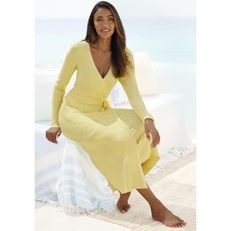 Strickkleid Lascana, Damen, Gr. 44/46, N-Gr, gelb, Obermaterial: 80% Viskose, 20% Nylon, unifarben, sehr bequem kn&ouml;chelfrei, V-Ausschnitt, Kleider Strickkleid, Loungekleid zum wickeln mit Tailleng&uuml;rtel, Loungewear