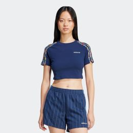 Damen T-Shirt "adidas originals X LIBERTY LONDON 3-STREIFEN INFILL BABY", blau, Gr. M, adidas originals, Obermaterial: 95% Baumwolle, 5% Elasthan,