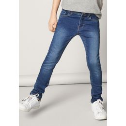 Slim-fit-Jeans name it "NKMTHEO XSLIM SWE JEANS 3113-TH NOOS", M&auml;dchen, Gr. 92, N-Gr, blau (medium blau denim), Denim/Jeans, Obermaterial: 70% Baumwolle, 27% Polyester, 3% Elasthan, Abriebeffekte, slim fit lang, Jeans Slim-fit-Jeans