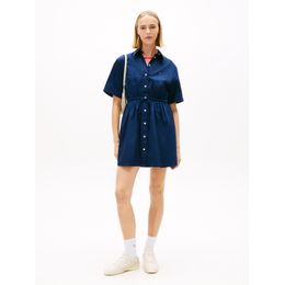 Hemdblusenkleid Tommy Jeans "TJW MINI STRIPE SHIRT DRESS", Damen, Gr. M (38), N-Gr, schwarz night navy, Popeline, Obermaterial: 100% Baumwolle, unifarben, tailliert mini, mit Umschlag, Kleider Hemdblusenkleid, mit Taillen Bindeband, Relaxed Fit