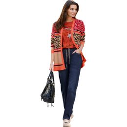 Damen Longstrickjacke mit Leo-Muster und Streifen camel-orange-gemustert, Gr&ouml;&szlig;e 38