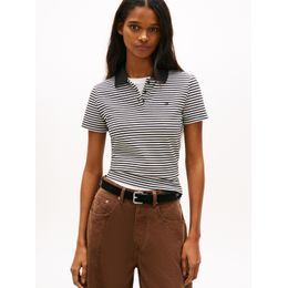 Poloshirt Tommy Jeans "TJW SLIM ESSENTIAL POLO SHORT SLEEVE", Damen, Gr. M (38), schwarz, ecru stripe, Piqu&eacute;, Obermaterial: 97% Baumwolle, 3% Elasthan, gestreift, slim fit h&uuml;ftlang, V-Ausschnitt, abgesteppte Kante, Shirts, mit Logostickerei, Piqu&eacute;