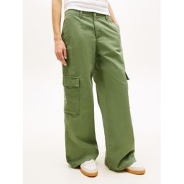 Cargohose Tommy Jeans "TJW LR WIDE STRAIGHT CARGO PANT", Damen, Gr. 30, L&auml;nge 30, bay leaf, Web, Obermaterial: 65% Baumwolle, 35% Polyester, unifarben, straight fit lang, Hosen Cargohose, im Baumwoll-Mix, Low Rise