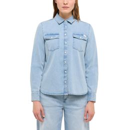 Hemdbluse Mustang "Damen Style Sedana Basic Shirt", Damen, Gr. 42, blau 311, Denim/Jeans, 100% Baumwolle, unifarben, regular fit, Blusen Hemdbluse