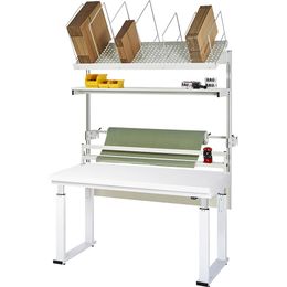 Rau Packtisch komplett 600, elektrisch h&ouml;henverstellbar, Set 2 mit Etagenbord, Schneidger&auml;t, Abrolleinheit, BxT 1500 x 900 mm, Hartlaminatplatte