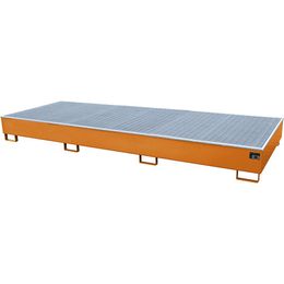 eurokraft pro Regal-Bodenwanne mit PE-Einsatz, mit Rost, 1000 l, LxBxH 3565 x 1315 x 360 mm, gelborange