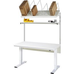Rau Packtisch komplett 300, elektrisch h&ouml;henverstellbar, Set 1 mit Etagenbord, BxT 1500 x 800 mm, Melaminplatte