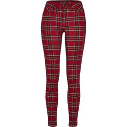Urban Classics Damen Stoffhose "Urban Classics Damen Ladies Skinny Tartan Pants"rot, schwarz, Gr. 32, kariert, 71% Viskose, 25% Polyester, 4%