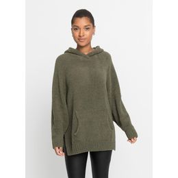 bonprix Damen Strickpullover, gr&uuml;n, Gr. 44, unifarben, Strick, Obermaterial: 100% Polyester, Pullover, mit Kapuze, mit Teddy-Fleece, Oversized