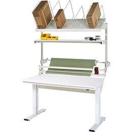 Rau Packtisch komplett 300, elektrisch h&ouml;henverstellbar, Set 2 mit Etagenbord, Schneidger&auml;t, Abrolleinheit, BxT 1500 x 800 mm, Melaminplatte