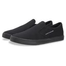 Slip-On Sneaker Tommy Hilfiger "VULC CORE SLIP ON", Herren, Gr. 44, schwarz, Baumwolle, unifarben, Schuhe, Freizeitschuh, Halbschuh, Slipper mit seitlichem Logoschriftzug