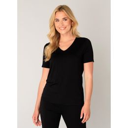 T-Shirt Base Level "Yanic", Damen, Gr. 44, schwarz, Single Jersey, Obermaterial: 96% Viskose, 4% Elasthan, unifarben, regular fit h&uuml;ftbedeckend, V-Ausschnitt, Shirts T-Shirt, mit V-Ausschnitt
