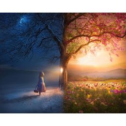 Fototapete papermoon "M&Auml;DCHEN U SOMMERWIESE-SURREAL FANTASIE ABSTRAKT DESIGN", bunt, B:3,5m L:2,6m, Vlies, Tapeten