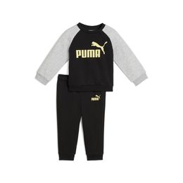 Trainingsanzug Puma "MINICATS ESS RAGLAN CREW SET FL INF", Jungen, Gr. 62, schwarz (Puma schwarz, gold moon), Fleece, Obermaterial: 68% Baumwolle, 32% Polyester, unifarben, regular fit, Sportanz&uuml;ge Trainingsanzug, mit Kapuze, mit innenliegendem Kordelzug an der Hose