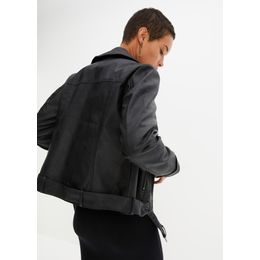 bonprix Damen Bikerjackeschwarz, Gr. 52, unifarben, Web, Obermaterial: 100% Viskose. Futter: 100% Polyester, Jacken, mit G&uuml;rtelschlaufen und