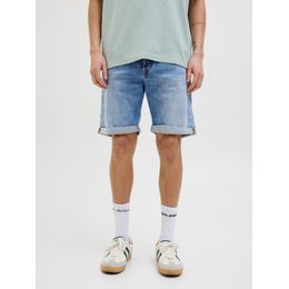 Jack & Jones Shorts JACK & JONES "JJIORIGINAL mit stylischem Aufschlag und Knopf", Damen, Gr. XXL, N-Gr, blau denim pack:am 364, Web, Obermaterial: 98% Baumwolle, 2% Elasthan, unifarben, regular fit kniefrei, Hosen Shorts, mit stylischem Aufschlag