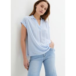 Kurzarmbluse bonprix "Kurzarmbluse aus flie&szlig;ender Viskose", Damen, Gr. 40, blau (perlblau, wei&szlig; gestreift), Web, Obermaterial: 100% Viskose, gestreift, loose fit h&uuml;ftbedeckend, V-Ausschnitt, angeschnitten Umschlagsaum, Blusen, Loose Fit, f&uuml;r einen luftigen Look, aus Viskose, gestreift