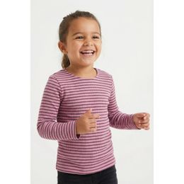 Langarmshirt KIDS Only "KMGMAUDE LIFE STRIPE LS TOP JRS NOOS", M&auml;dchen, Gr. 104, sea pink stripes:mauve wine, Jersey, Obermaterial: 66% Polyester, 30% Viskose, 4% Elasthan, geringelt, gestreift, figurbetont, Rundhals, Shirts Langarmshirt