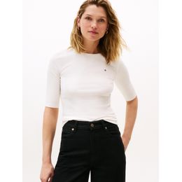 Tommy Hilfiger Damen Kurzarmshirt "SLIM 5X2 RIB C-NK 1/2 SLV mit Rundhals und Rippstruktur", beige, Gr. XXL, unifarben, Single Jersey, Obermaterial: