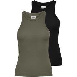 Tanktop Only "ONLLINDSAY TANK TOP 2 PACK", Damen, Gr. XS, schwarz, khak, Jersey, Obermaterial: 95% Baumwolle, 5% Elasthan, unifarben, sehr figurbetont normal, Rundhals, Tops Tanktop, Baumwollmischung