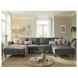 Wohnlandschaft Home Affaire "Booster II, whlw. mit Schlaffunktion & Bettkasten, Fu&szlig; schwarz", anthrazit, B:305cm H:83cm T:161cm, 100% Polyester, Sofas, Wohnlandschaft, Sofa in U-Form, Breite 305 cm, in Cord oder Struktur LEO o. LINO