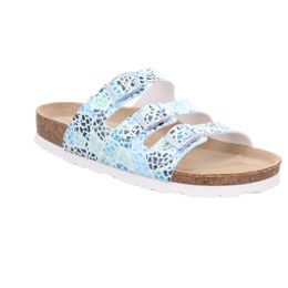 Pantolette Rohde "Alba", Damen, Gr. 37, hellblau kombiniert, Nubuklederimitat, mehrfarbig, Schuhe Pantolette, Sommerschuh, Schlappen, Hausschuh mit buntem Druck, G-Weite = weit