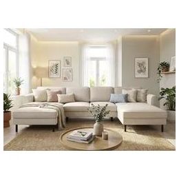Wohnlandschaft Home Affaire "Booster II, whlw. mit Schlaffunktion & Bettkasten, Fu&szlig; schwarz", cannoli cream, B:305cm H:83cm T:161cm, 88% Polyester, 12% Nylon, Sofas, Wohnlandschaft, Sofa in U-Form, Breite 305 cm, in Cord oder Struktur LEO o. LINO