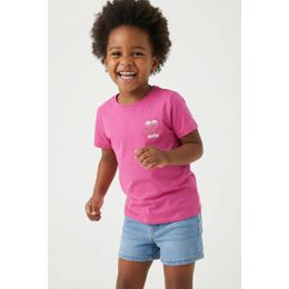 T-Shirt KIDS Only "KOGNANA LIFE S/S TOP FR ZA JRS", M&auml;dchen, Gr. 134/140, pink yarrow print:mena logo glitter, aqua foam Only, Jersey, Obermaterial: 100% Baumwolle, bedruckt, regular fit normal, Rundhals, Shirts T-Shirt, Baumwolle, regular fit