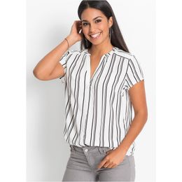 Kurzarmbluse bonprix, Damen, Gr. 38, wei&szlig;, schwarz gestreift, Web, Obermaterial: 100% Viskose, regular fit, Blusen, Regular Fit, f&uuml;r Businessmode, aus Viskose, feminin gestaltet