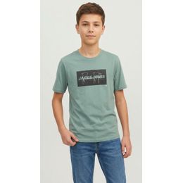 Jack & Jones T-Shirt JACK & JONES JUNIOR "JJCOLE PRINT TEE SS CREW NECK JNR", Jungen, Gr. 128, mineral blau, Single Jersey, Obermaterial: 100% Baumwolle, bedruckt, unifarben, regular fit normal, Rundhals, Shirts T-Shirt, mit Logoprint
