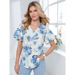 Druckbluse Classic Basics, Damen, Gr. 52, eisblau, champagner, bedruckt, 100% Polyester, gebl&uuml;mt, gemustert, mehrfarbig, V-Ausschnitt, Blusen Druckbluse