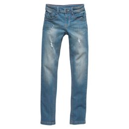 Stretch-Jeans Arizona "mit schmalem Bein f&uuml;r Jungen", Jungen, Gr. 158, N-Gr, blau (blau, used), Denim/Jeans, Obermaterial: 68% Baumwolle, 31% Polyester, 1% Elasthan, skinny fit, Jeans, skinny fit, gerade Beinform, trendiger Used-Look