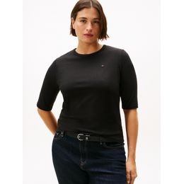 Damen Kurzarmshirt "CRV SLIM 5X2 RIB C-NK 1/2 SLV", schwarz, Gr. 48, Tommy Hilfiger Curve, unifarben, Single Jersey, Obermaterial: 95% Viskose, 5%
