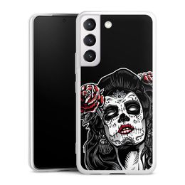 DeinDesign Galaxy S22 Handy Slim Case Silikon Handyh&uuml;lle transparent H&uuml;lle extra d&uuml;nn D&iacute;a De Los Muertos Rock 'N' Roll Totenkopf Silikon Slim Case