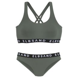 ELBSAND Damen Bustier-Bikini, gr&uuml;n, Gr. 32, unifarben mit Farbeinsatz, Microfaser, Bikini-Sets, mit kontrastfarbenen Schriftz&uuml;gen