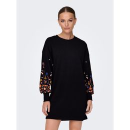 Sweatkleid Only "ONLBROOKE LS SHORT DRESS FLOWER SWT NOOS", Damen, Gr. S, N-Gr, schwarz (schwarz print:sleeve flower print), Sweatware, Obermaterial: 60% Baumwolle, 40% Polyester, bedruckt, l&auml;ssig geschnitten kurz, Rundhals, Kleider Sweatkleid