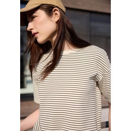 Damen T-Shirt, beige, Gr. 42, STREET ONE STUDIO, gestreift, Stoff, 72% Viskose, 23% Polyester, 5% Elasthan, Shirts, Rundhalsausschnitt