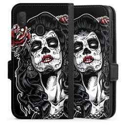 DeinDesign Galaxy A20e Handy Klapph&uuml;lle Handyh&uuml;lle aus Kunst Leder schwarz Flip Case D&iacute;a De Los Muertos Rock 'N' Roll Totenkopf Sideflip mit Lasche