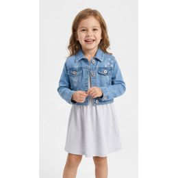 Jeansjacke happy girls, M&auml;dchen, Gr. 158, blau (jeans blau), Denim/Jeans, Obermaterial: 98% Baumwolle, 2% Elasthan, unifarben, regular fit taillenbedeckt, 1-Knopf-Manschette mit Schlitz, Jacken Jeansjacke, mit tollen Bl&uuml;tenstickereien