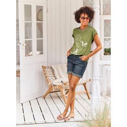 Rundhalsshirt Heine "Shirt", Damen, Gr. 42, gr&uuml;n (schilf), 50% Baumwolle, 50% Viskose, Spitze:77% Baumwolle, 23% Polyamid, gemustert, Rundhals, Shirts Rundhalsshirt