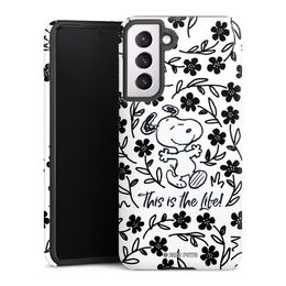 DeinDesign Galaxy S21 5G Handy Panzer Handyh&uuml;lle robuste Outdoor H&uuml;lle Schutzh&uuml;lle gl&auml;nzend Peanuts Flowers Snoopy Tough Case