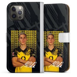 DeinDesign iPhone 12 Pro Max Handy Klapph&uuml;lle Handyh&uuml;lle aus Kunst Leder wei&szlig; Flip Case Borussia Dortmund Nico Schlotterbeck Bvb Sideflip mit Lasche